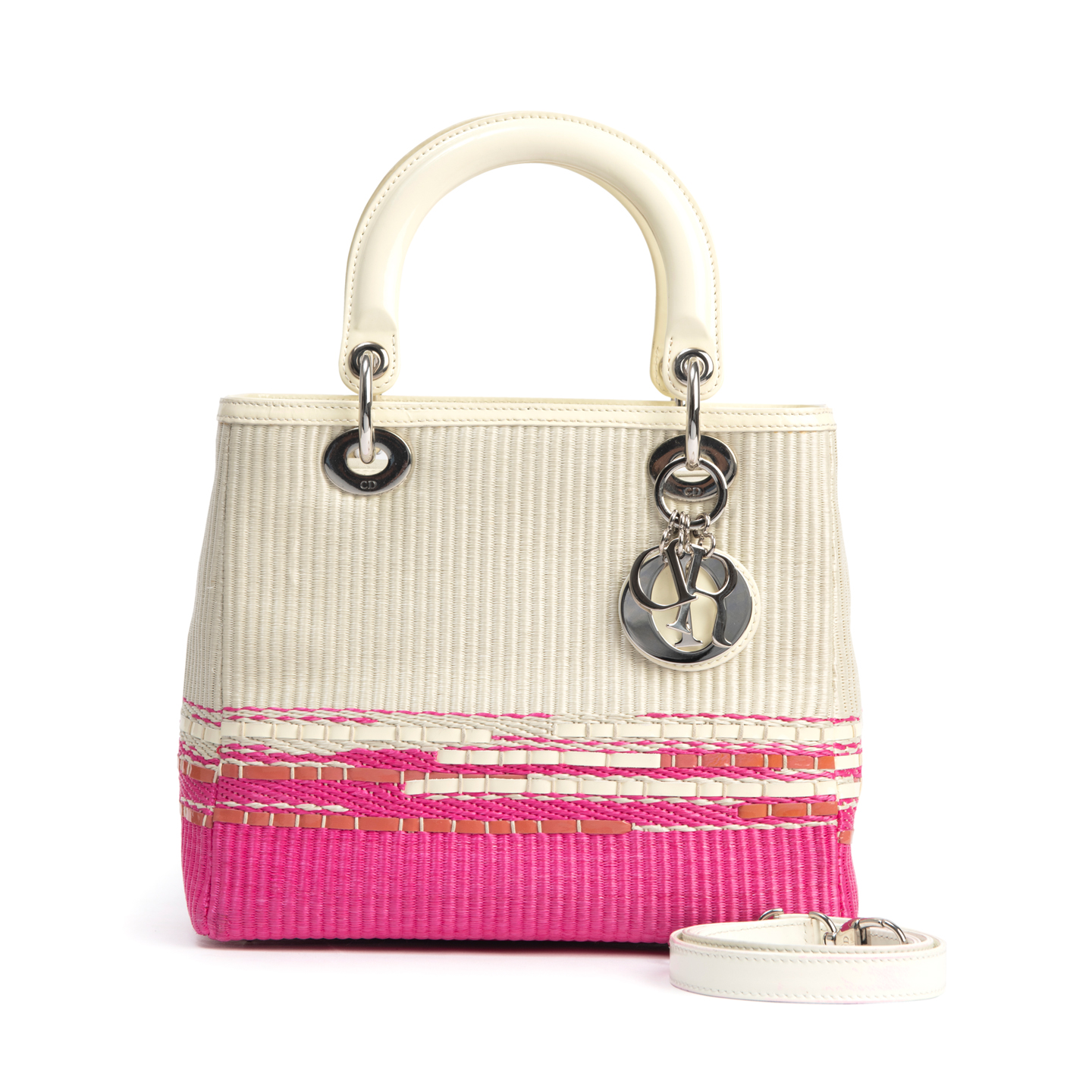 Christian Dior Pink/Cream Raffia Woven Medium Lady Dior Tote - LabelCentric